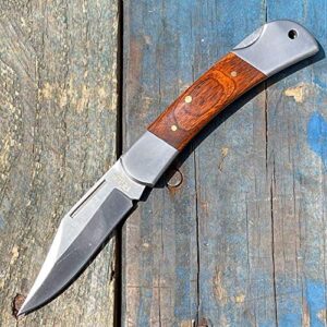 Rtek 3.75" Spanish Brown Wood Handle Pocket Knife, Lockback Traditional Folding Knife for Outdoor, Survival, EDC, Camping, and Every Day Carry, Gifts for Men