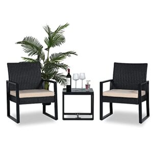 ABCCANOPY 3 Pieces Patio Furniture Sets,Rattan Chair Wicker Conversation Sets,Two Rattan Chairs with Glass Coffee Table,Garden Balcony Backyard Poolside (Black)