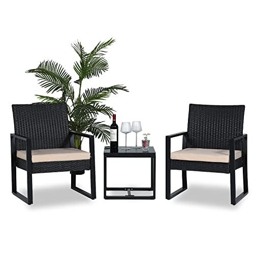 ABCCANOPY 3 Pieces Patio Furniture Sets,Rattan Chair Wicker Conversation Sets,Two Rattan Chairs with Glass Coffee Table,Garden Balcony Backyard Poolside (Black)