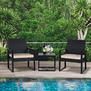 ABCCANOPY 3 Pieces Patio Furniture Sets,Rattan Chair Wicker Conversation Sets,Two Rattan Chairs with Glass Coffee Table,Garden Balcony Backyard Poolside (Black)