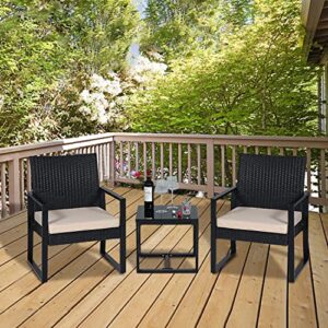 ABCCANOPY 3 Pieces Patio Furniture Sets,Rattan Chair Wicker Conversation Sets,Two Rattan Chairs with Glass Coffee Table,Garden Balcony Backyard Poolside (Black)