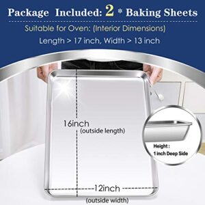 P&P CHEF Baking Cookie Sheet Set of 2, Stainless Steel Baking Sheets Pan Oven Tray, Rectangle 16”x12”x1”, Non Toxic & Durable Use, Mirror Finished & Easy Clean