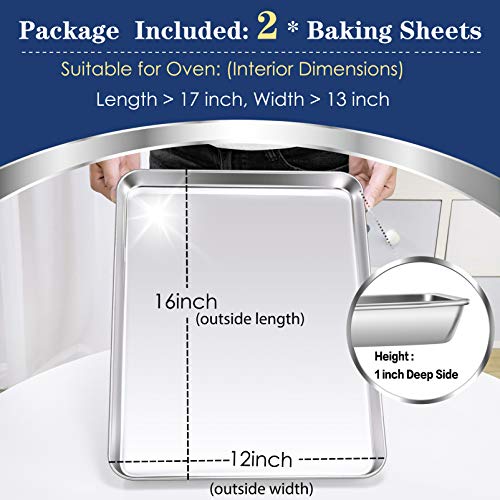 P&P CHEF Baking Cookie Sheet Set of 2, Stainless Steel Baking Sheets Pan Oven Tray, Rectangle 16”x12”x1”, Non Toxic & Durable Use, Mirror Finished & Easy Clean