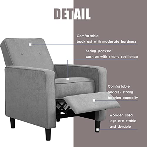 FDW Recliner Chair Fabric with Push Back Accent Arm Chair Comfortable Single Recliner Mid Century Modern Sofa Chair for Home Living Room, Grey