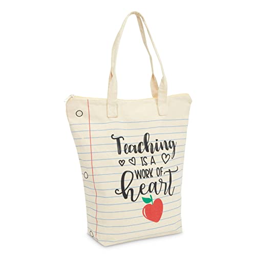 Sparkle and Bash Canvas Tote Bag for Teacher Appreciation Gifts, Teaching is a Work of Heart (14.5 x 15 x 6 In)