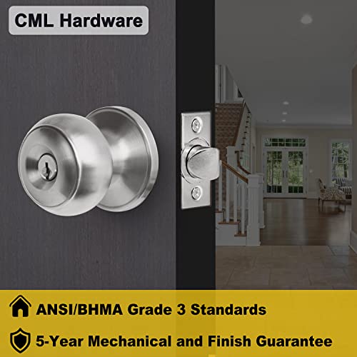 CML Hardware Keyed Entry Door Knob Set, Entrance Door Lock in Solid Stainless Steel for Exterior and Interior, Round Ball Handle, 1 Pack