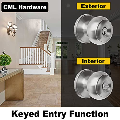 CML Hardware Keyed Entry Door Knob Set, Entrance Door Lock in Solid Stainless Steel for Exterior and Interior, Round Ball Handle, 1 Pack