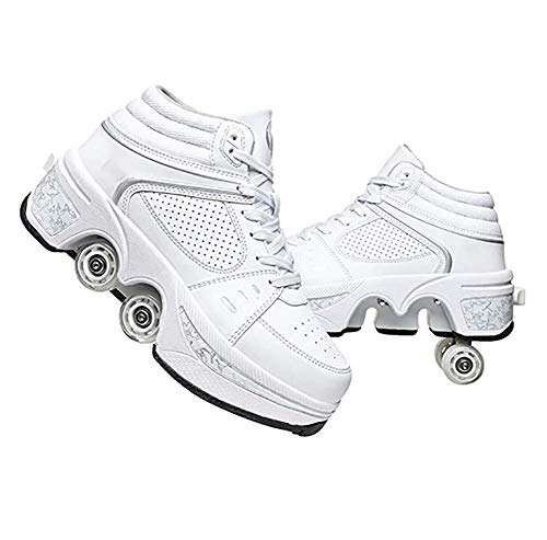 Double-Row Deform Wheel Automatic Walking Shoes Invisible Deformation Roller Skate 2 in 1 Removable Pulley Skates Skating Rollerskates Outdoor Parkour Shoes with Wheels for Girls Boys,White high,US 6