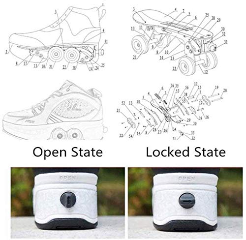 Double-Row Deform Wheel Automatic Walking Shoes Invisible Deformation Roller Skate 2 in 1 Removable Pulley Skates Skating Rollerskates Outdoor Parkour Shoes with Wheels for Girls Boys,White high,US 6