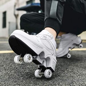 Double-Row Deform Wheel Automatic Walking Shoes Invisible Deformation Roller Skate 2 in 1 Removable Pulley Skates Skating Rollerskates Outdoor Parkour Shoes with Wheels for Girls Boys,White high,US 6