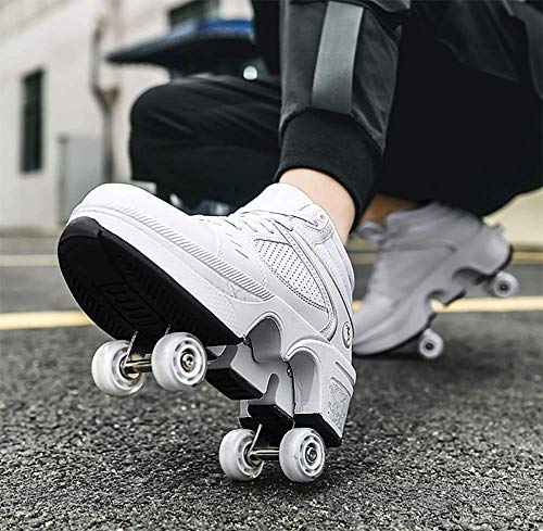 Double-Row Deform Wheel Automatic Walking Shoes Invisible Deformation Roller Skate 2 in 1 Removable Pulley Skates Skating Rollerskates Outdoor Parkour Shoes with Wheels for Girls Boys,White high,US 6