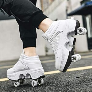 Double-Row Deform Wheel Automatic Walking Shoes Invisible Deformation Roller Skate 2 in 1 Removable Pulley Skates Skating Rollerskates Outdoor Parkour Shoes with Wheels for Girls Boys,White high,US 6