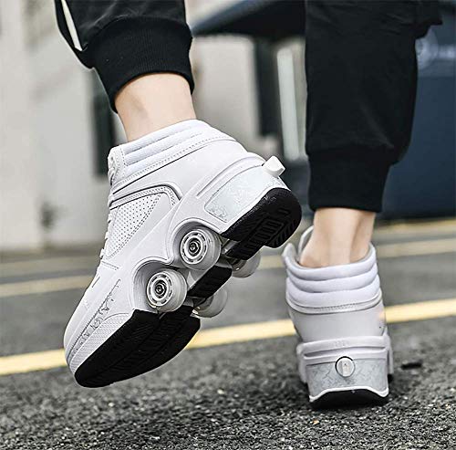 Double-Row Deform Wheel Automatic Walking Shoes Invisible Deformation Roller Skate 2 in 1 Removable Pulley Skates Skating Rollerskates Outdoor Parkour Shoes with Wheels for Girls Boys,White high,US 6