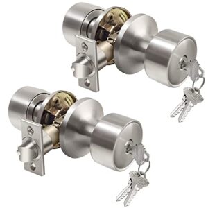 bestten [2 pack] geneva series door knob set, keyed different, entry door lock for exterior and front door, standard ball, satin nickel