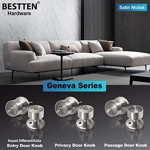 BESTTEN [2 Pack] Geneva Series Door Knob Set, Keyed Different, Entry Door Lock for Exterior and Front Door, Standard Ball, Satin Nickel