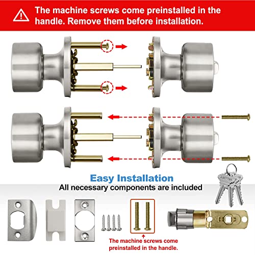 BESTTEN [2 Pack] Geneva Series Door Knob Set, Keyed Different, Entry Door Lock for Exterior and Front Door, Standard Ball, Satin Nickel