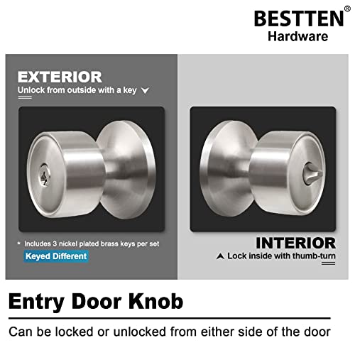 BESTTEN [2 Pack] Geneva Series Door Knob Set, Keyed Different, Entry Door Lock for Exterior and Front Door, Standard Ball, Satin Nickel