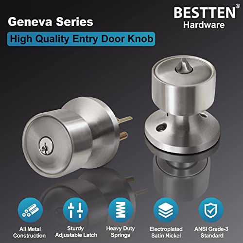 BESTTEN [2 Pack] Geneva Series Door Knob Set, Keyed Different, Entry Door Lock for Exterior and Front Door, Standard Ball, Satin Nickel