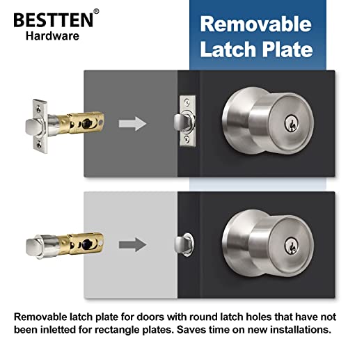 BESTTEN [2 Pack] Geneva Series Door Knob Set, Keyed Different, Entry Door Lock for Exterior and Front Door, Standard Ball, Satin Nickel