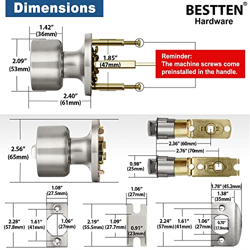 BESTTEN [2 Pack] Geneva Series Door Knob Set, Keyed Different, Entry Door Lock for Exterior and Front Door, Standard Ball, Satin Nickel