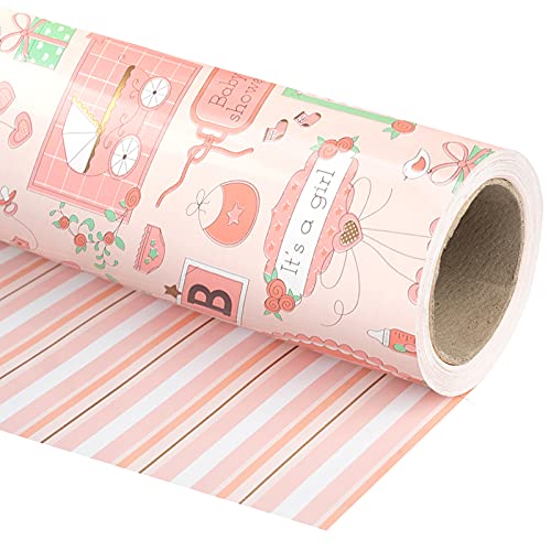 WRAPAHOLIC Reversible Wrapping Paper - 24 inch X 65.6 feet Jumbo Roll Baby Girl Design, Perfect for Kids Birthday, Party, Holiday, Baby Shower Packing