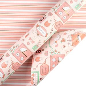 WRAPAHOLIC Reversible Wrapping Paper - 24 inch X 65.6 feet Jumbo Roll Baby Girl Design, Perfect for Kids Birthday, Party, Holiday, Baby Shower Packing