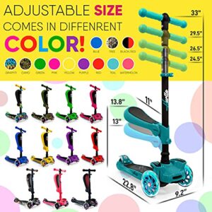 Hurtle 11 Wheeled Scooter for Kids - Stand & Cruise Child/Toddlers Toy Folding Kick Scooters w/Adjustable Height, Anti-Slip Deck, Flashing Wheel Lights, for Boys/Girls 2-12 Year Old - Hurtle