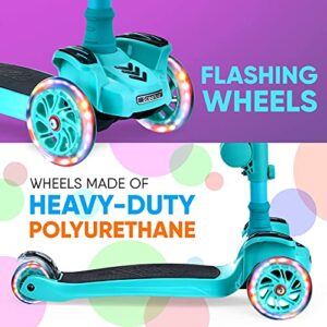 Hurtle 11 Wheeled Scooter for Kids - Stand & Cruise Child/Toddlers Toy Folding Kick Scooters w/Adjustable Height, Anti-Slip Deck, Flashing Wheel Lights, for Boys/Girls 2-12 Year Old - Hurtle