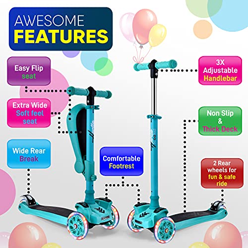 Hurtle 11 Wheeled Scooter for Kids - Stand & Cruise Child/Toddlers Toy Folding Kick Scooters w/Adjustable Height, Anti-Slip Deck, Flashing Wheel Lights, for Boys/Girls 2-12 Year Old - Hurtle