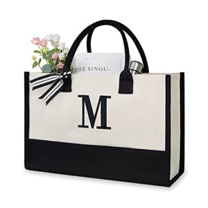 topdesign embroidery initial canvas tote bag, personalized present bag, suitable for wedding, birthday, beach, holiday, is a great gift for women, mom, teachers, friends, bridesmaids (letter m)