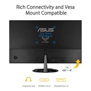 ASUS TUF Gaming 23.8” 1080P Monitor (VG249Q1R) - Full HD, IPS, 165Hz (Supports 144Hz), 1ms, Extreme Low Motion Blur, Speaker, FreeSync™ Premium, Shadow Boost, VESA Mountable, DisplayPort, HDMI,BLACK