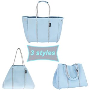 QOGiR Neoprene Multipurpose Beach Bag Tote with Inner Zipper Pocket (Light Blue, Large)