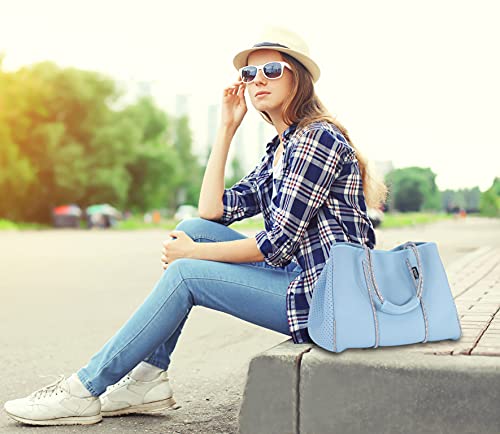 QOGiR Neoprene Multipurpose Beach Bag Tote with Inner Zipper Pocket (Light Blue, Large)