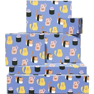 Central 23-6 Wrapping Paper Sheets - Blue Sushi Cats - Fun Gift Wrap for Kids - Boys Girls - Men Women - Birthday Wrap - Recyclable 6 Count (Pack of 1)