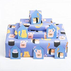 Central 23-6 Wrapping Paper Sheets - Blue Sushi Cats - Fun Gift Wrap for Kids - Boys Girls - Men Women - Birthday Wrap - Recyclable 6 Count (Pack of 1)