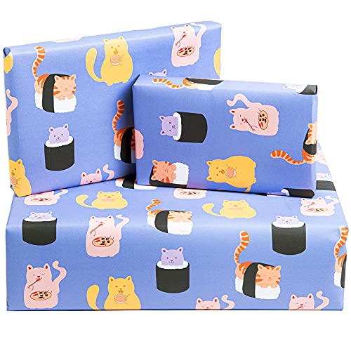 Central 23-6 Wrapping Paper Sheets - Blue Sushi Cats - Fun Gift Wrap for Kids - Boys Girls - Men Women - Birthday Wrap - Recyclable 6 Count (Pack of 1)