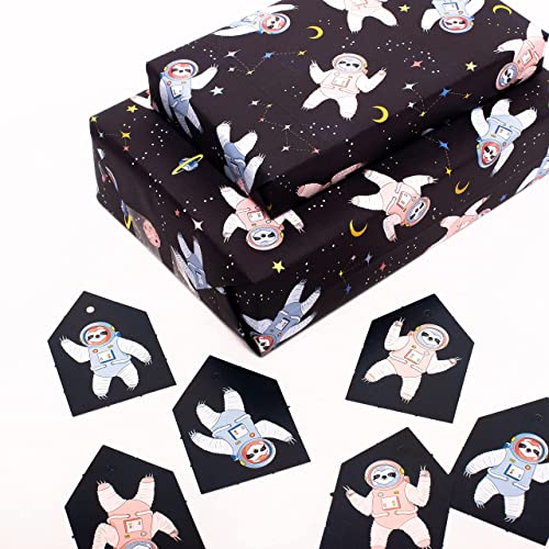 CENTRAL 23 - Birthday Wrapping Paper - 6 Gift Wrap Sheets - Navy Space Theme - Sloths - Men Women - Recyclable