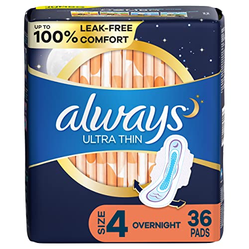 Always Ultra Thin Pads Size 4 Overnight Absorbency Unscented with Wings, 36 Count