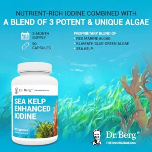 Dr. Berg's Sea Kelp Enhanced - Pure Healthy Thyroid Support Natural Antioxidants & Iodine Supplement w/Organic Sea Kelp, Blue-Green Algae & Red Algae - Immune System & Metabolism Support 90 Capsules