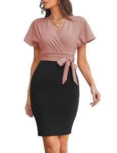 wedding guest dress for women vintage short sleeve slim fit belted v neck wrap dresses pink black l