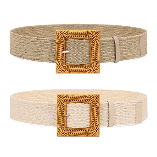 SUOSDEY 2 Pack Straw Woven Elastic Belt Braided Stretch Wide Belt for Women Dress