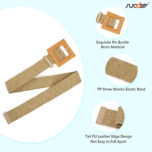 SUOSDEY 2 Pack Straw Woven Elastic Belt Braided Stretch Wide Belt for Women Dress