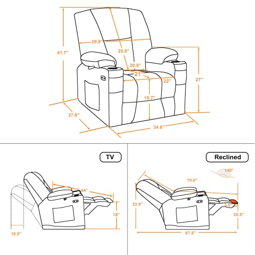 MCombo Fabric Electric Power Recliner Chair with Heat and Massage, Cup Holders, USB Charge Ports, Extended Footrest, Cloth Powered Reclining for Living Room 8015 (Not Lift Chair) (Grey)