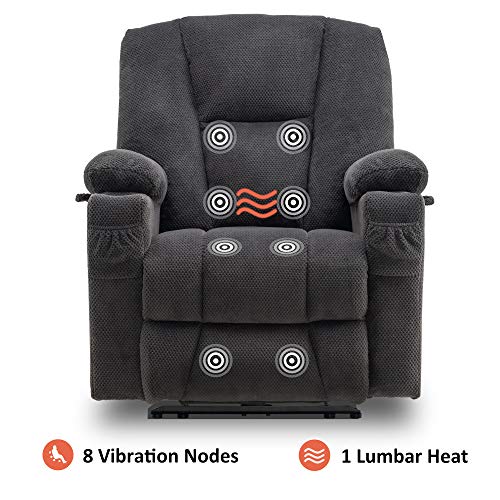 MCombo Fabric Electric Power Recliner Chair with Heat and Massage, Cup Holders, USB Charge Ports, Extended Footrest, Cloth Powered Reclining for Living Room 8015 (Not Lift Chair) (Grey)