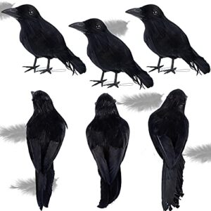 atdawn 6 pack halloween black feathered crows, realistic looking halloween birds decoration