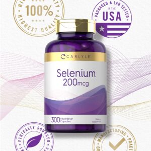 Yeast Free Selenium Supplement | 200mcg | 300 Capsules | Vegetarian, Non-GMO, and Gluten Free Mineral Formula | L-Selenomethionine | Value Size | by Carlyle