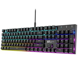 et mechanical gaming keyboard rgb backlit keys computer keyboard, 16.8 million color 104 keys blue switch wired gaming keyboards full size, aluminum base usb keyboard for pc gamer laptop