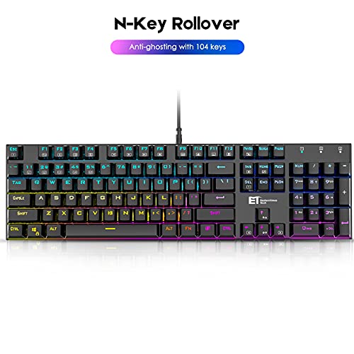 ET Mechanical Gaming Keyboard RGB Backlit Keys Computer Keyboard, 16.8 Million Color 104 Keys Blue Switch Wired Gaming Keyboards Full Size, Aluminum Base USB Keyboard for PC Gamer Laptop