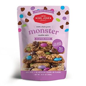 miss jones baking monster cookie mix - gluten free, 25% more chocolate, 50% lower sugar, lactation cookie, naturally sweetened desserts & treats (pack of 1)