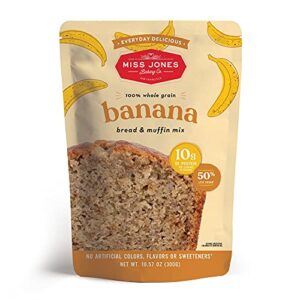 miss jones baking banana bread & muffin mix - whole grains, 50% lower sugar, real banana, naturally sweetened desserts & treats (pack of 1)